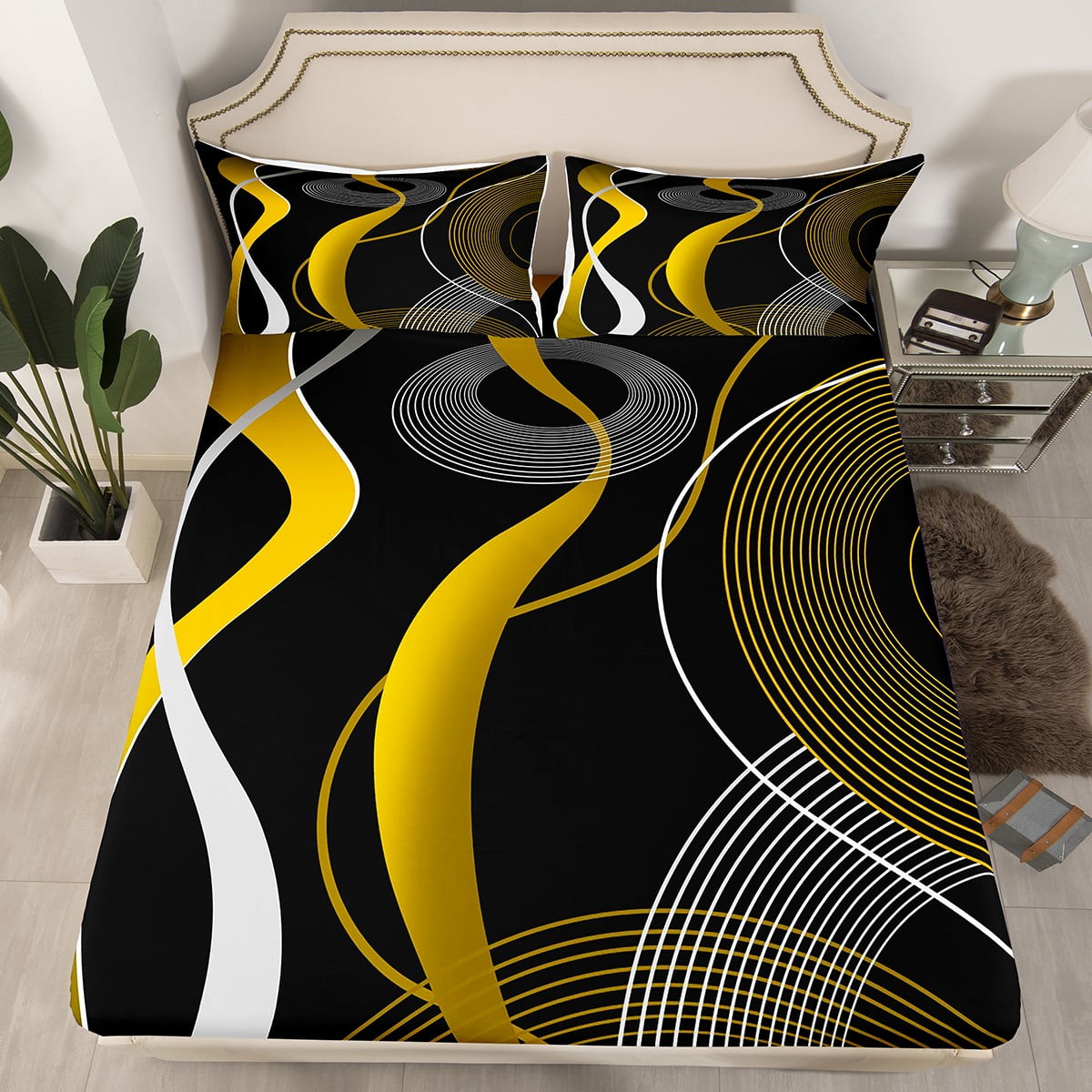 YST Geometric Fitted Sheet Full, Stripe Line Bed Sheets For Adults ...