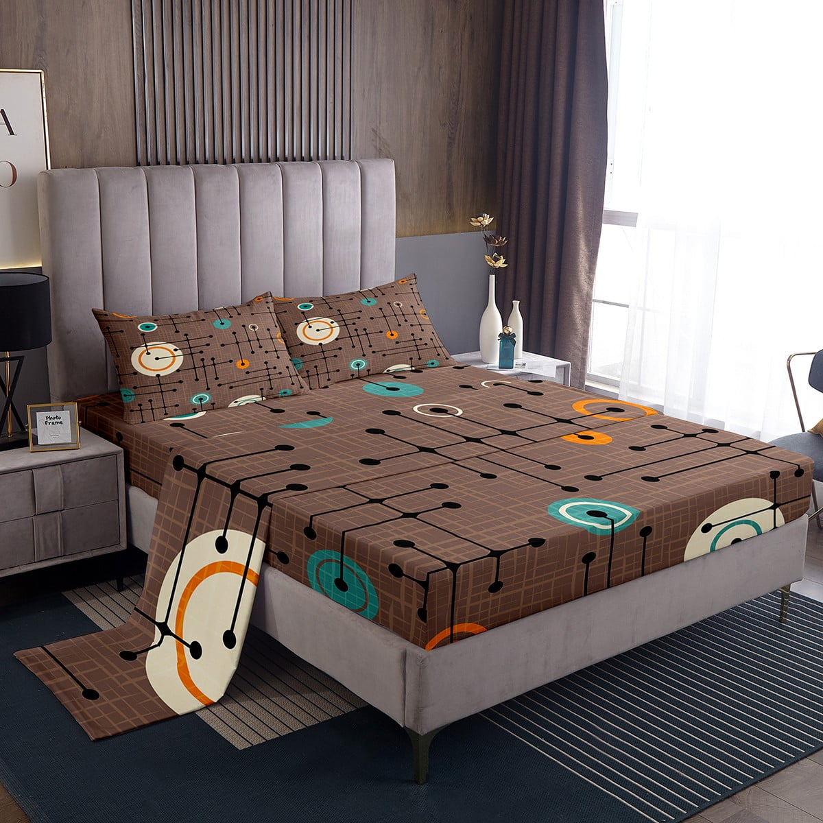 Geometric Grid Bed Sheets Set Brown Minimalism Queen Size Sheet Sets ...