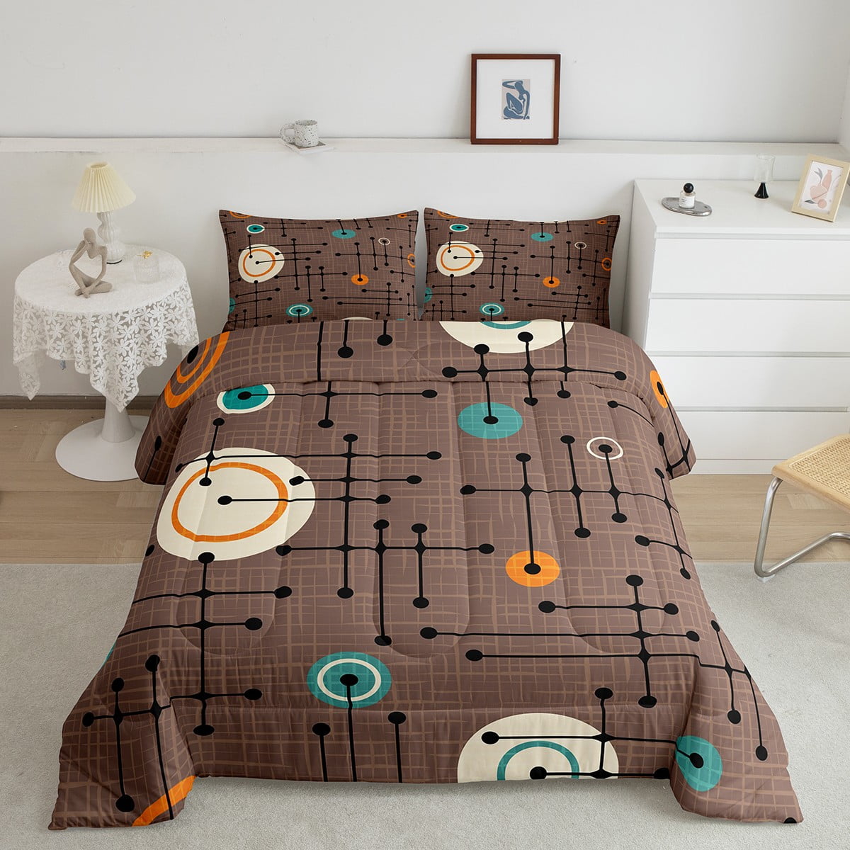 YST Geometric Grid Comforter Set Queen Brown Minimalism Bedding Set ...