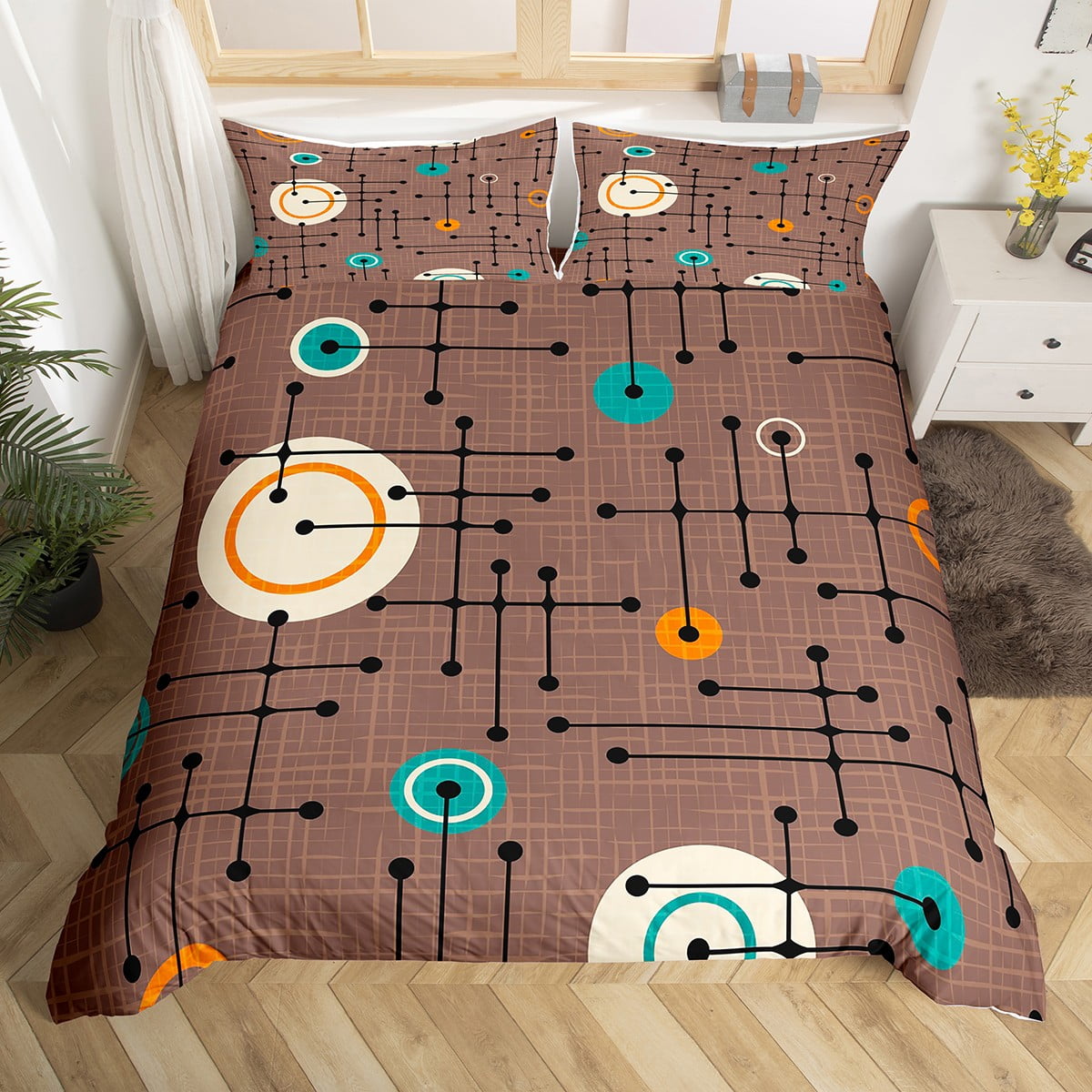 YST Geometric Grid Duvet Cover Queen Brown Minimalism Bedding Set, Mid ...