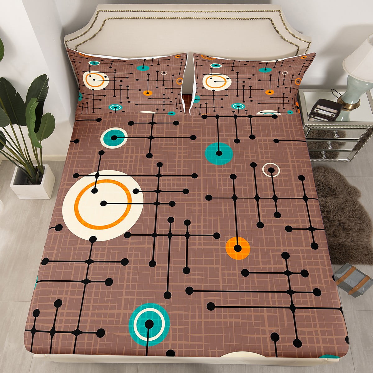 YST Geometric Grid Full Fitted Sheet Brown Minimalism Sheets, Mid ...