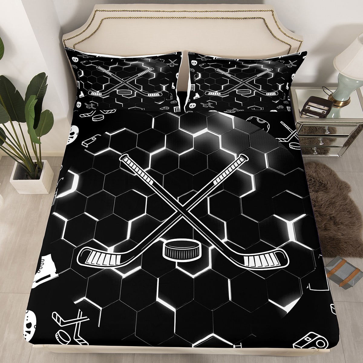 Geometric Hockey Bedding Set Sports Ice Hockey Queen Size Fitted Sheet ...