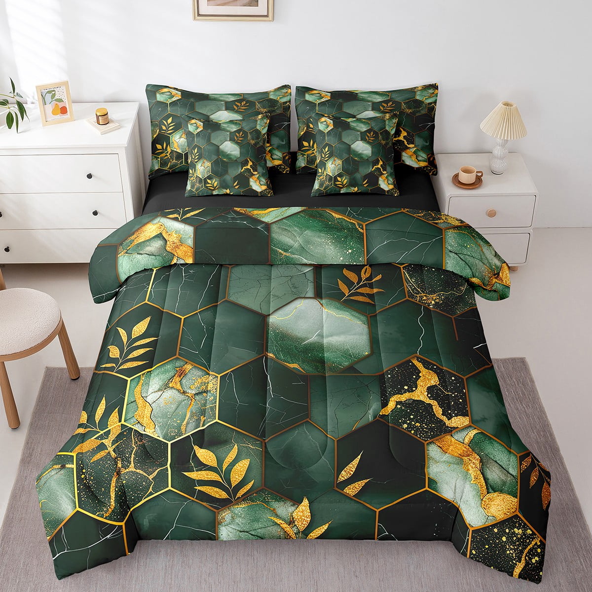 Geometric Honeycomb Comforter Set 7 Piece Queen,Blackish Green Abstract ...