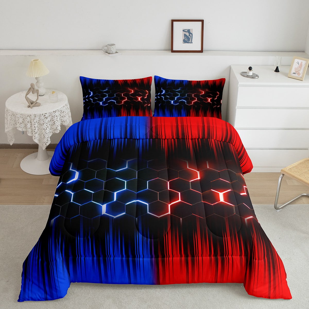Erosebridal Geometric Honeycomb Comforter Set Queen Neon Blue Red Black ...