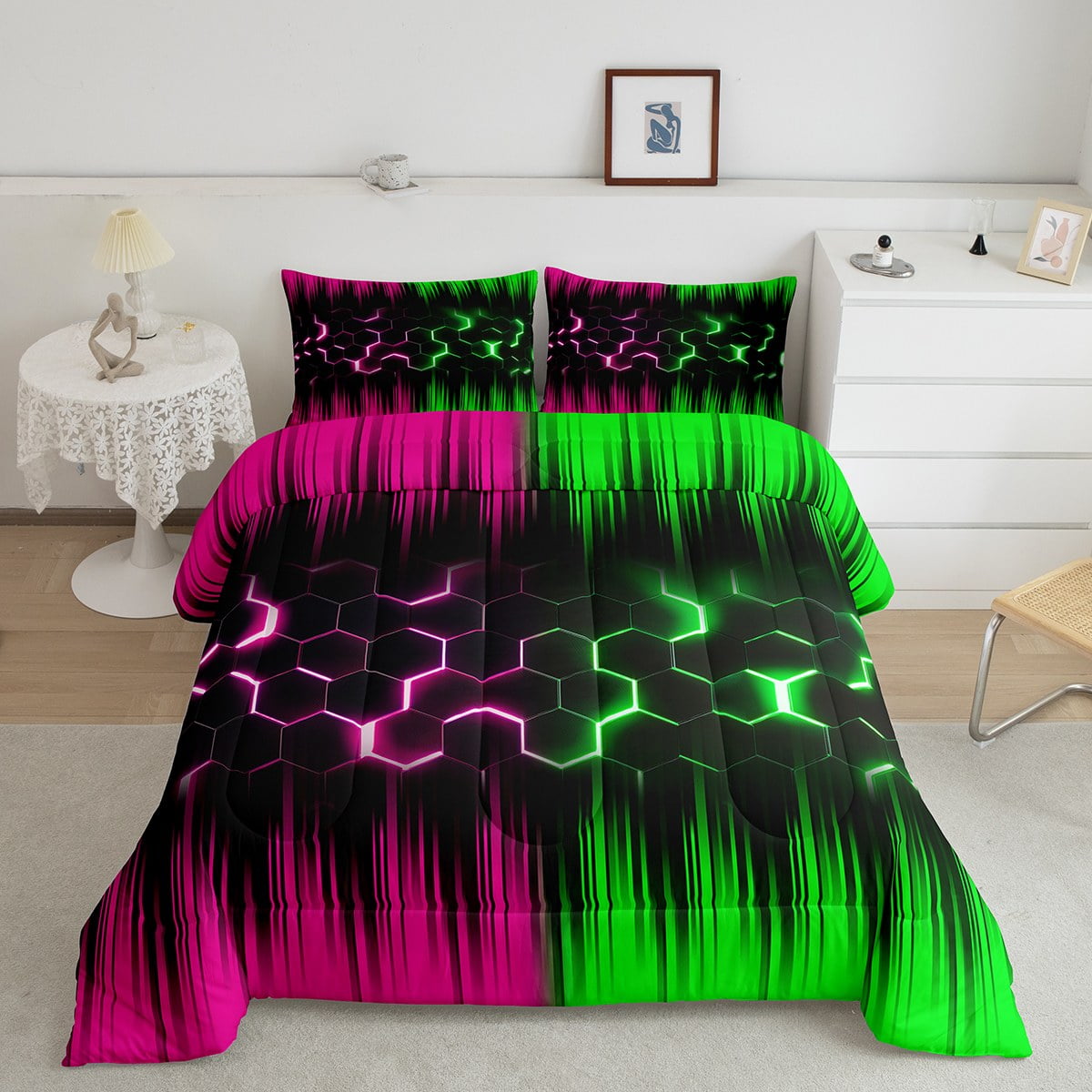 Erosebridal Geometric Honeycomb Comforter Set Queen Neon Pink Green ...
