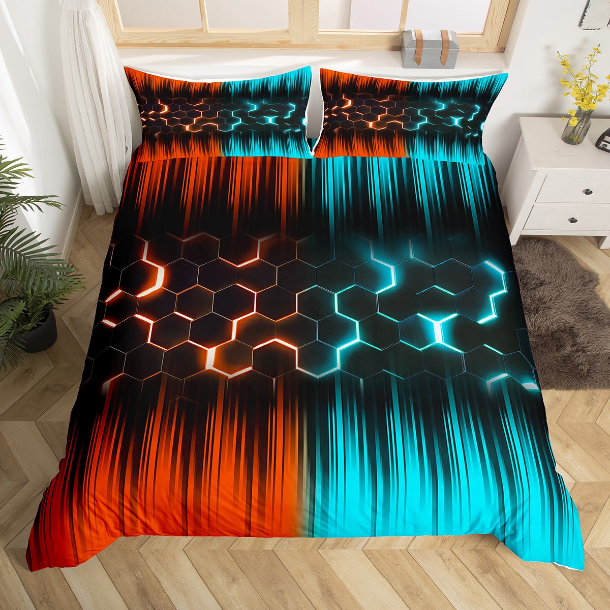 YST Geometric Honeycomb Duvet Cover Full Neon Teal Orange Black Stripes ...