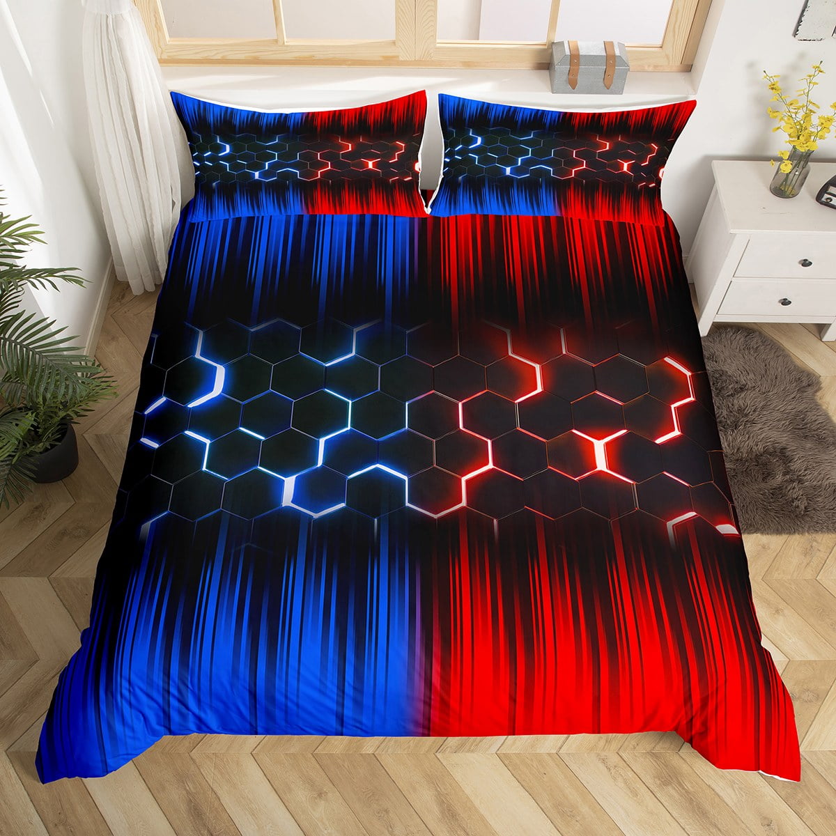 Geometric Honeycomb Duvet Cover Twin Neon Blue Red Black Striped ...