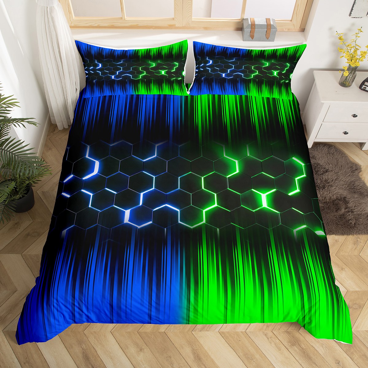 Erosebridal Geometric Honeycomb Duvet Cover Twin Neon Green Blue Black ...