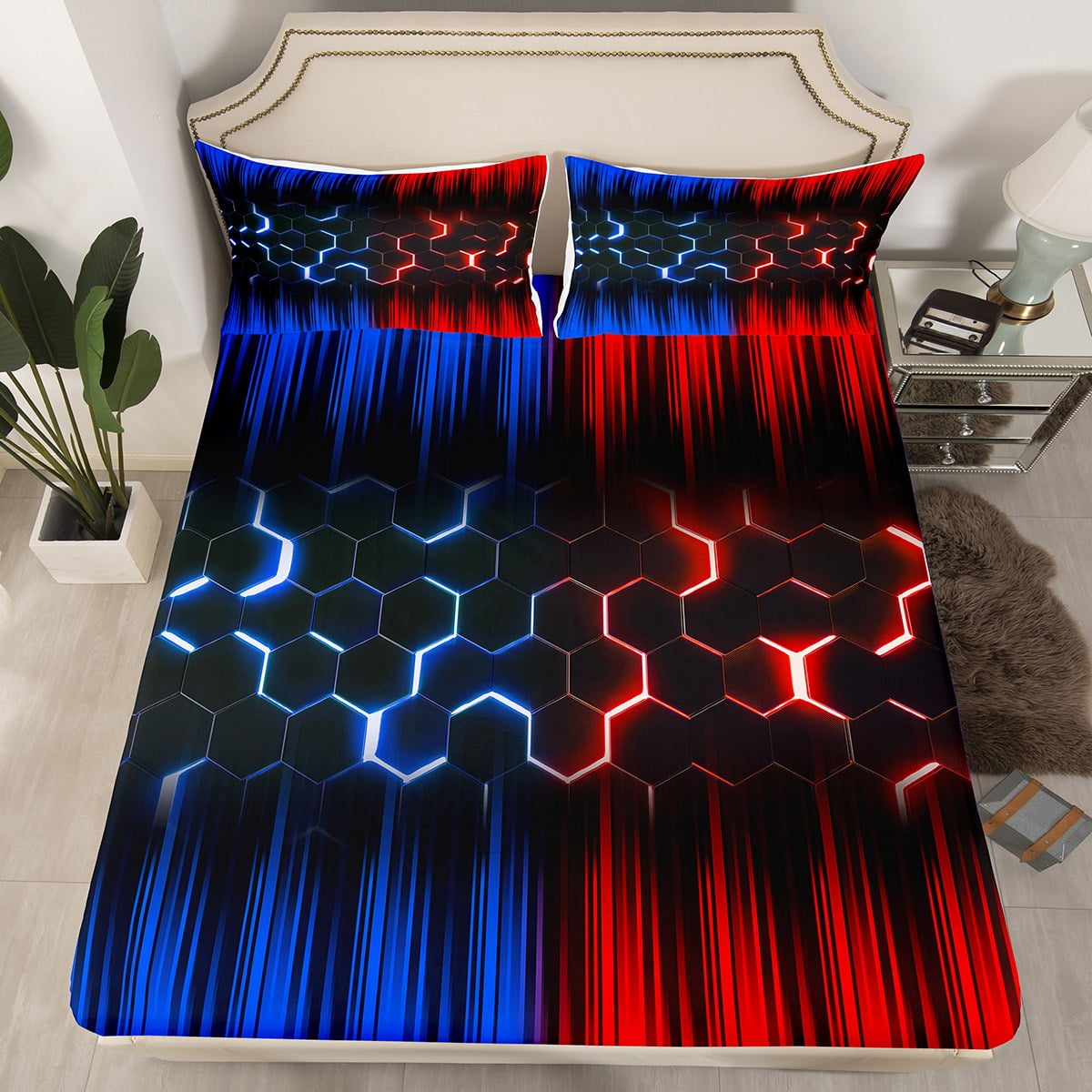 Geometric Honeycomb Fitted Sheet Full Neon Blue Red Black Stripes Bed ...