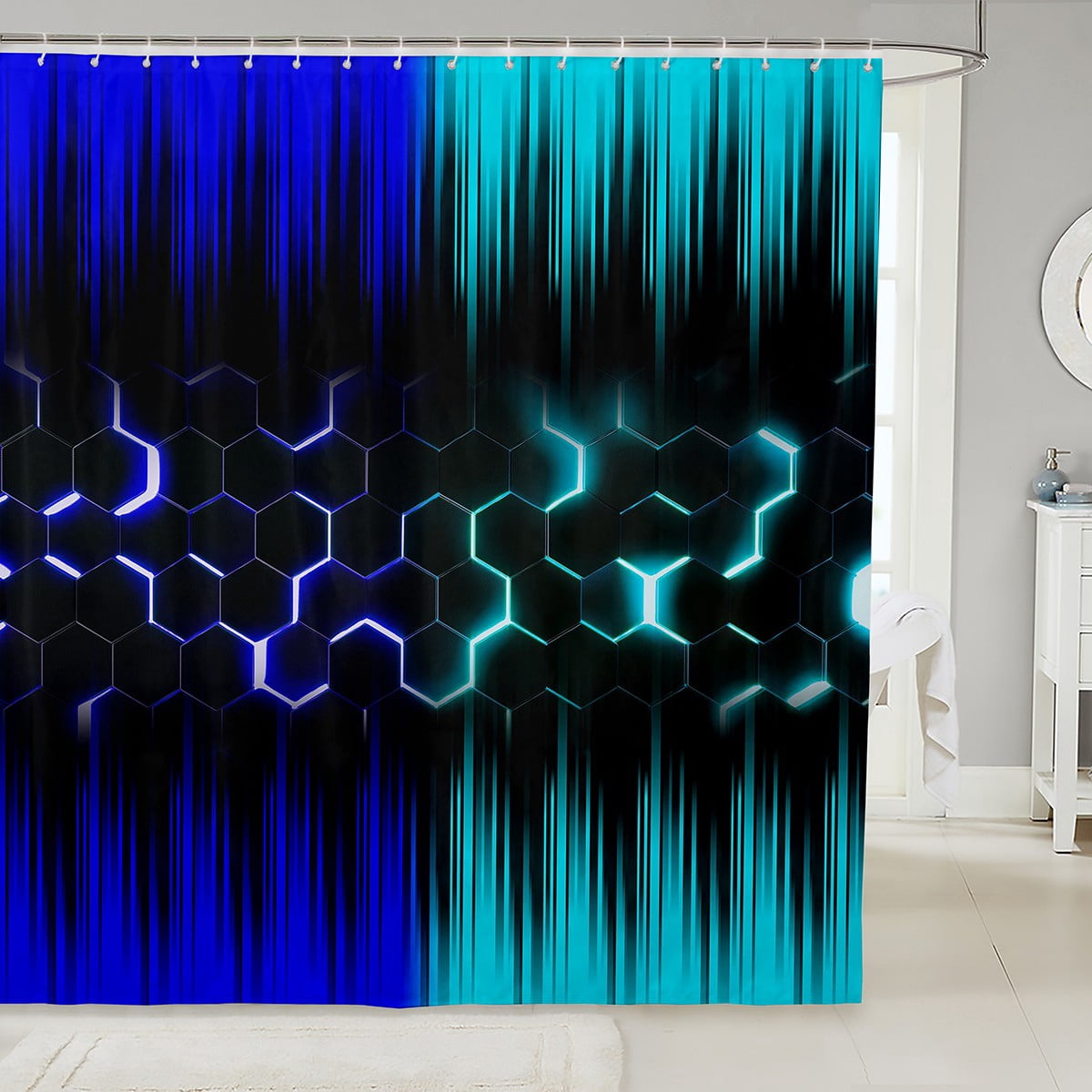 Geometric Honeycomb Shower Curtain Set Neon Teal Blue Black Striped ...