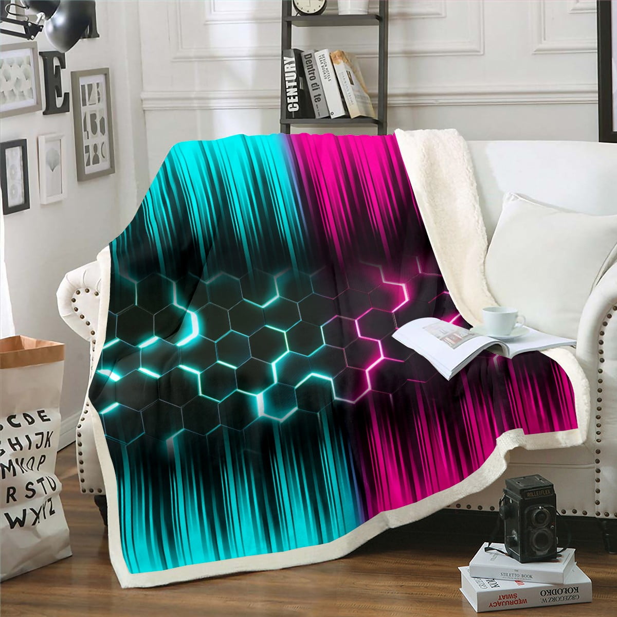 Geometric Honeycomb Throw Blanket Neon Pink Teal Black Stripes Blanket ...