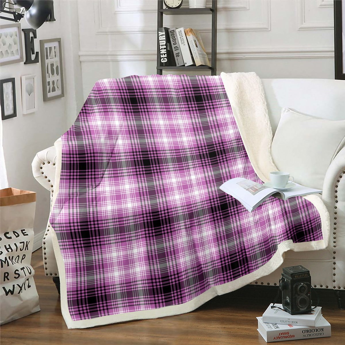 YST Geometric Lattice Fleece Bed Blanket Purple Black White Check Throw ...