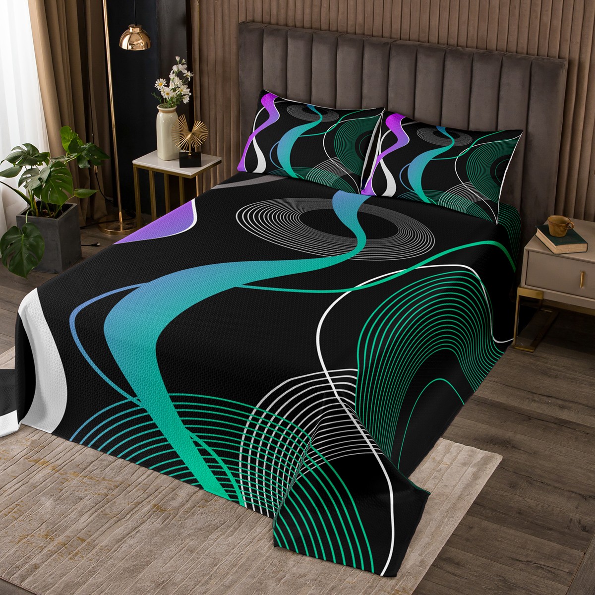 YST Geometric Quilt Set Twin Size, Purple Teal Black White Bedspread ...