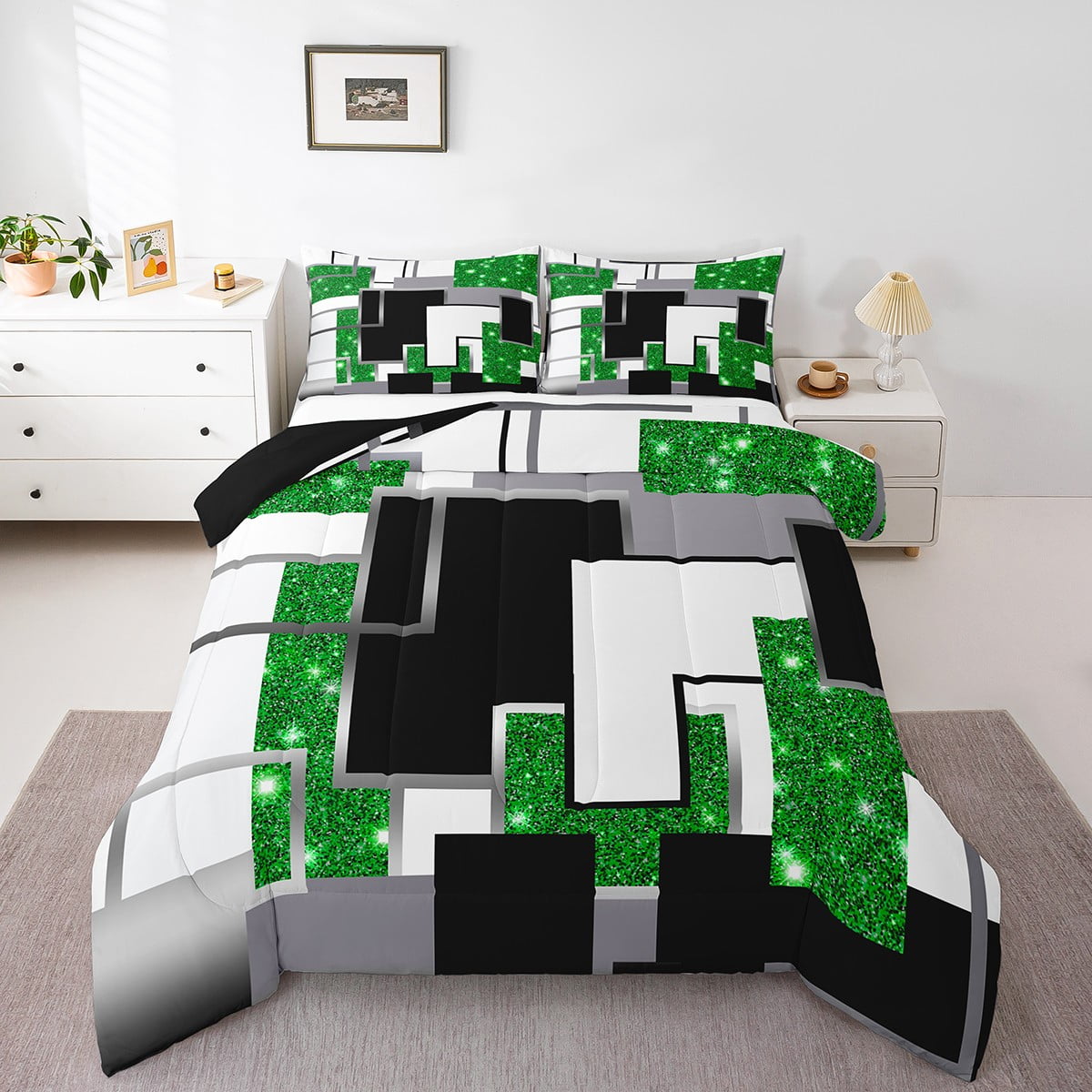 Geometric Sequins Down Comforter Abstract Checkered Bedding Set Queen ...