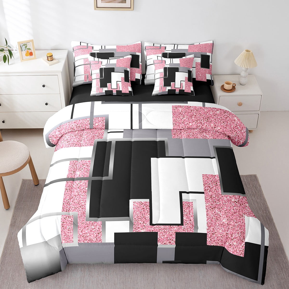 Geometric Square Bed In A Bag 7 Piece Pink Black Grey White Bedding Set ...
