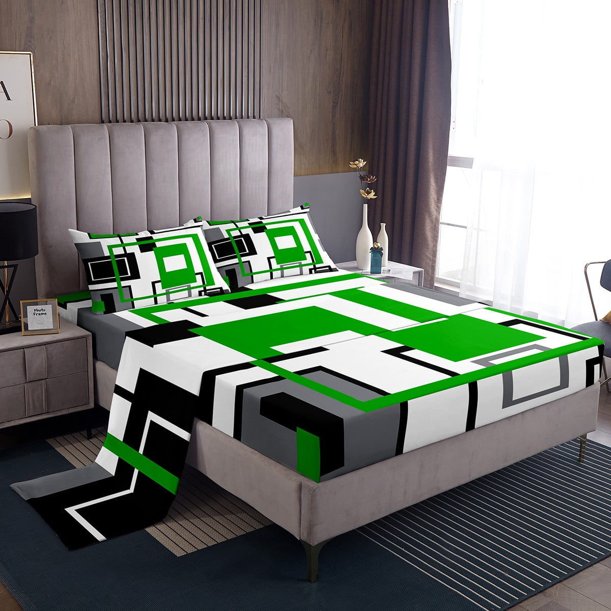 YST Geometric Square Bed Sheets Black White Lime Green Grey Sheet Set ...
