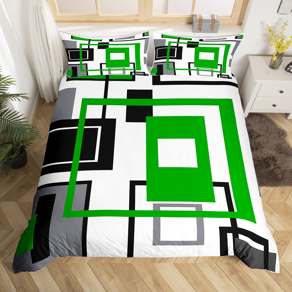 Erosebridal Geometric Square Bedding Set Black White Lime Green Grey ...