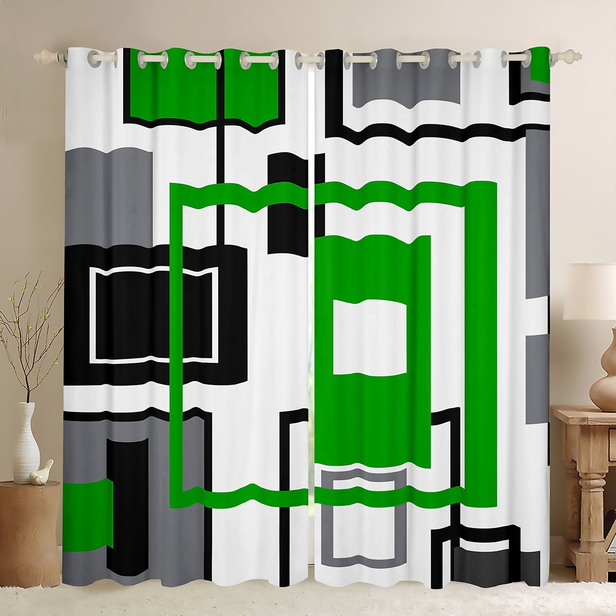 Geometric Square Curtains Black White Lime Green Grey Window Curtains ...