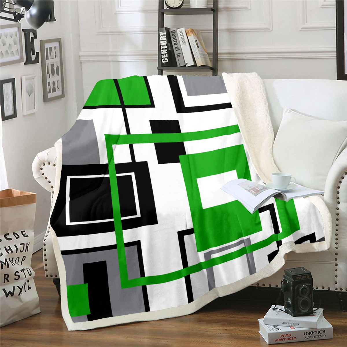 Geometric Square Throw Blanket Black White Lime Green Grey Fleece ...
