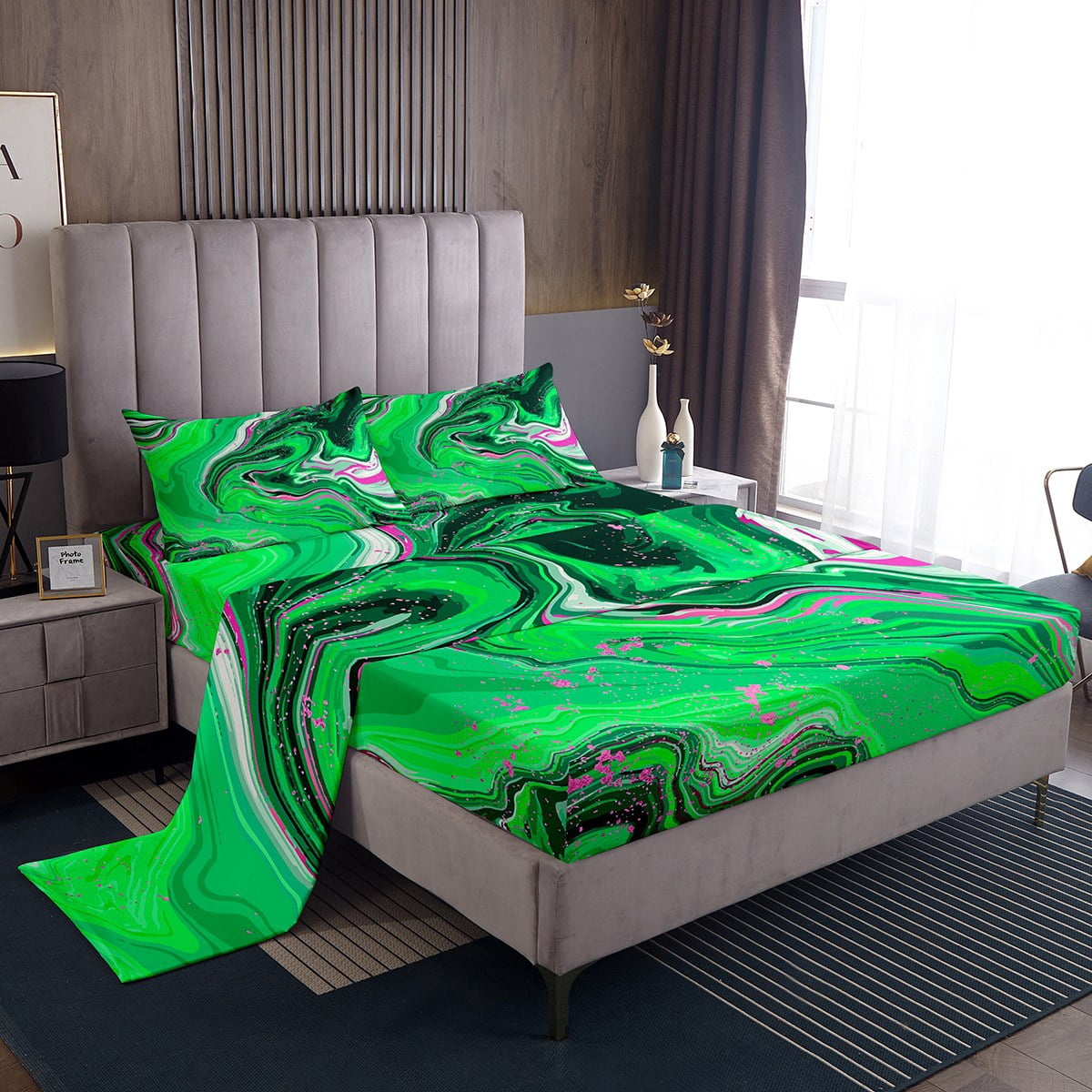 Geometric Stripe Bed Set Green Marbling Bed Sheets Set Women, Pink ...