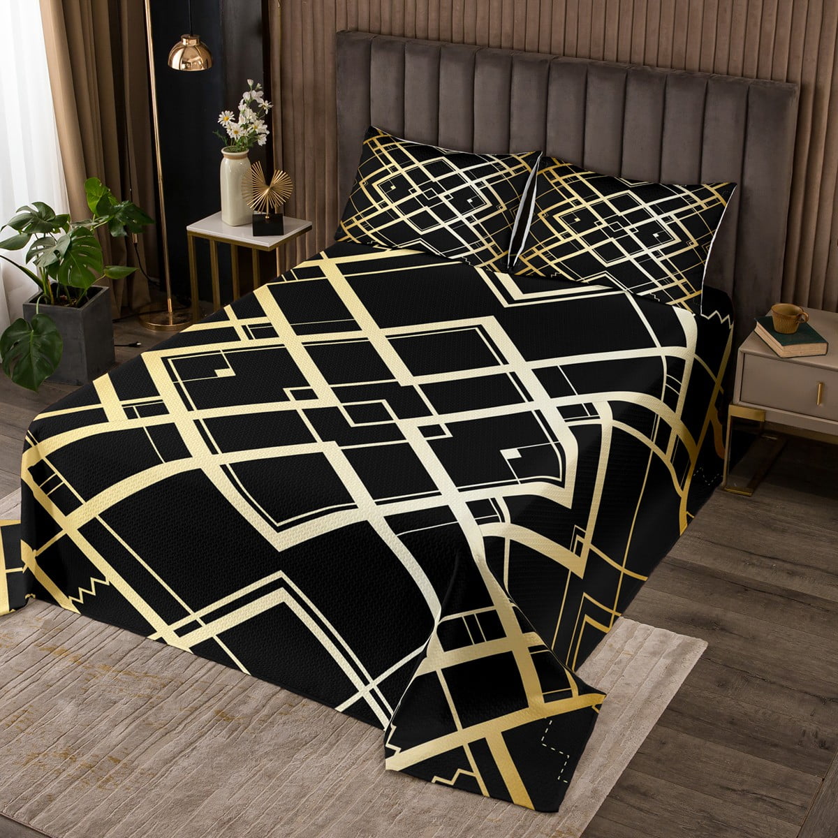 YST Geometry Coverlet Set Black Gold Stripe Pattern Quilt Set For Boys ...