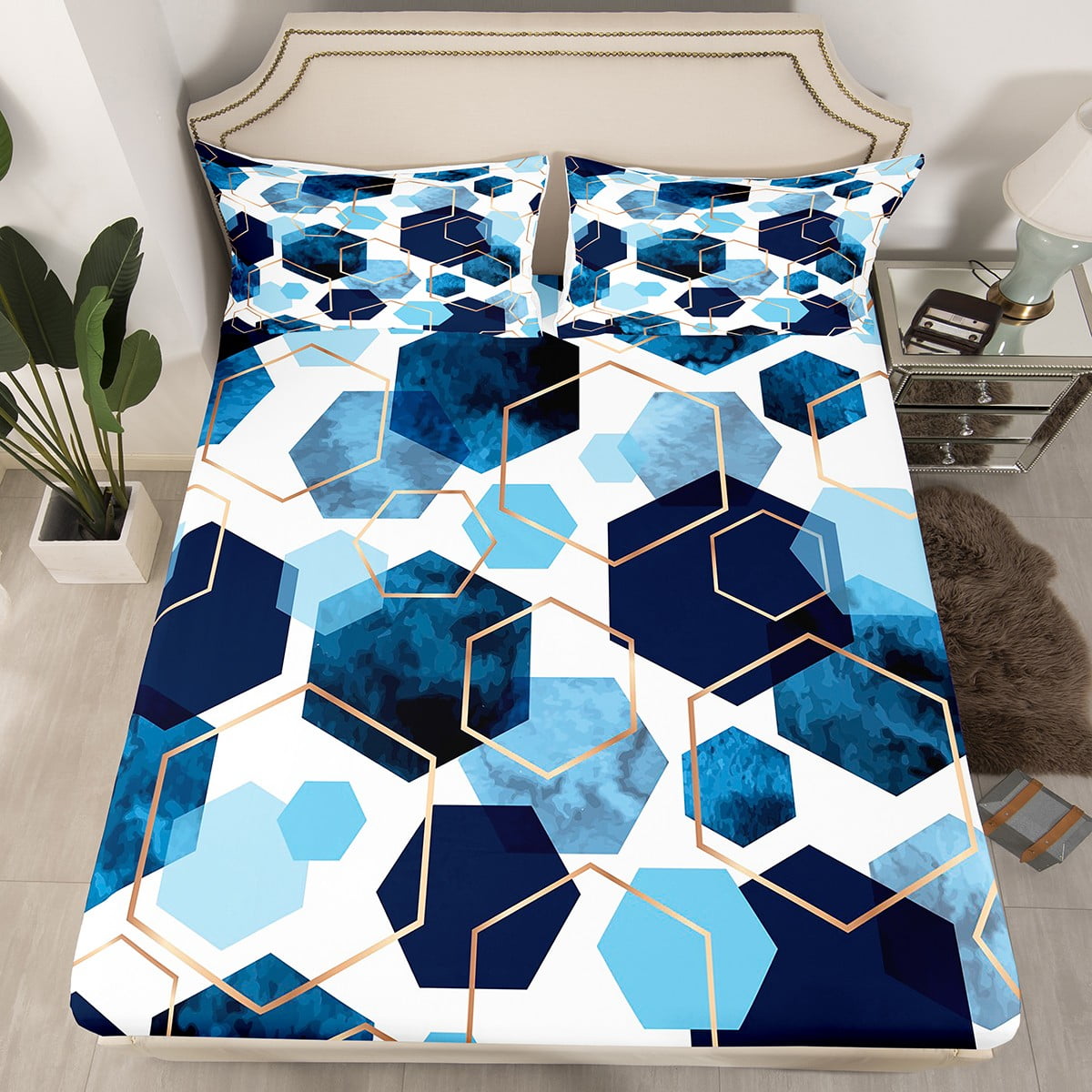 Erosebridal Geometry Hexagon Bed Sheets Navy Blue Fitted Sheet Queen ...