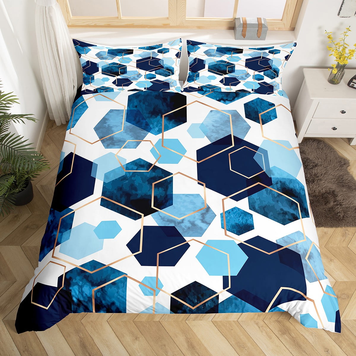 Erosebridal Geometry Hexagon Comforter Cover Navy Blue Bed Set ...