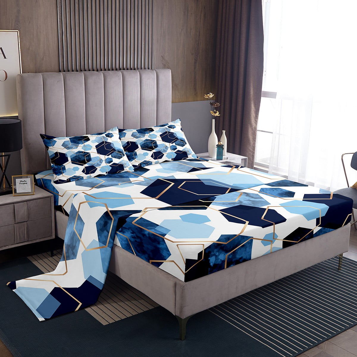 YST Geometry Hexagon Queen Sheet Set Navy Blue Sheets, Watercolor ...