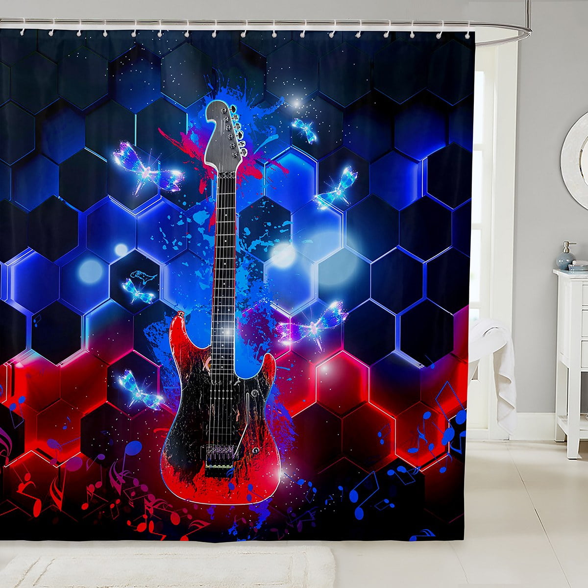 Geometry Honeycomb Bathroom Shower Curtain Sets Guitar Fabric Shower ...