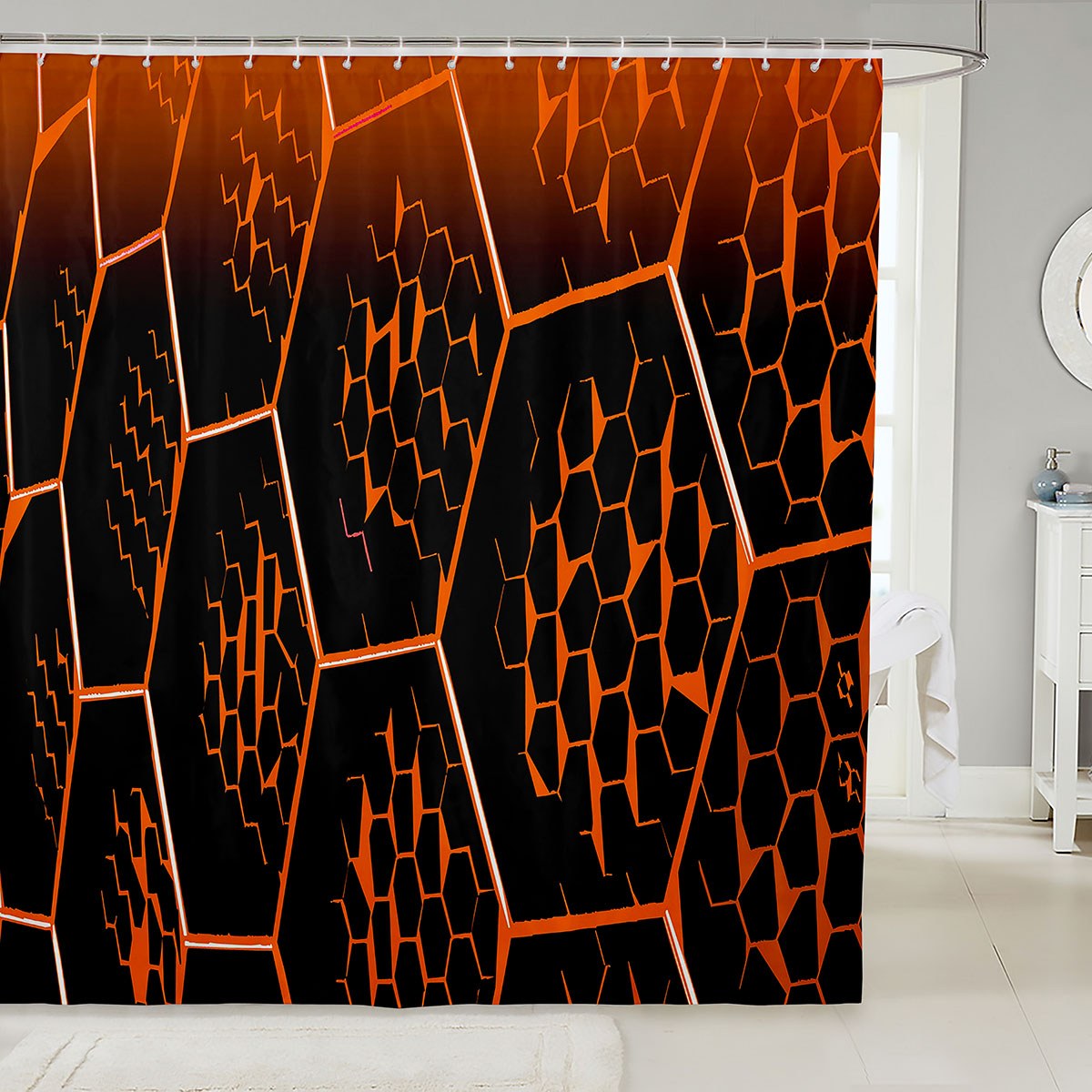 YST Geometry Honeycomb Fabric Shower Curtain Orange Tie Dye Hexagon Bathroom Shower Curtain Sets ...