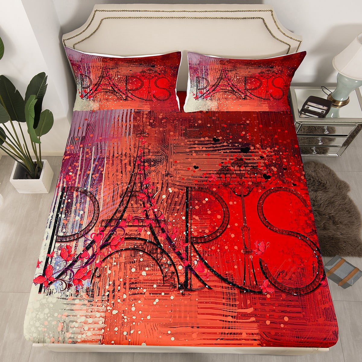 YST Geometry Patchwork Queen Sheets Red Oil Painting Bed Sheets ...