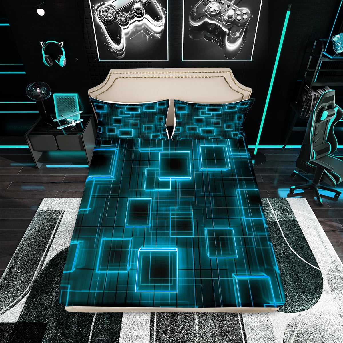 Geometry Sheet Set For Kids Boys,Neon Square Blue Black Sheets Twin ...