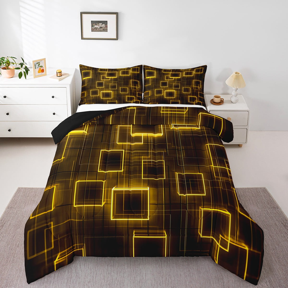 Geometry Yellow Black Quilt,Geometric Grid Lines Bedding Set Twin Size ...