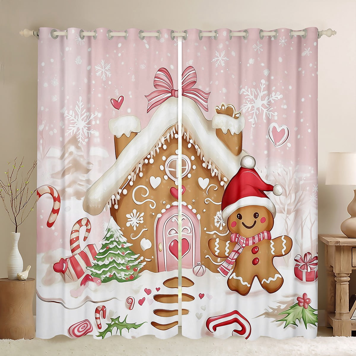YST Gingerbread House Curtains,Pink Christmas Xmas Tree Curtains Gifts ...