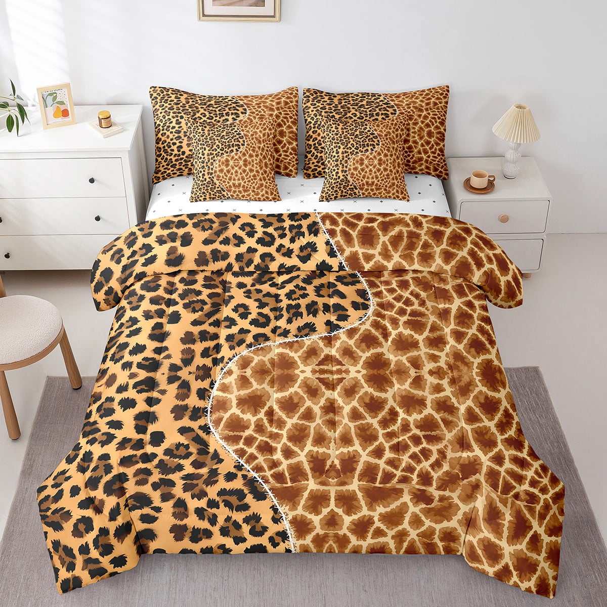 YST Giraffe Leopard Print Comforter Set King 7 Piece Animals Safari Bed ...