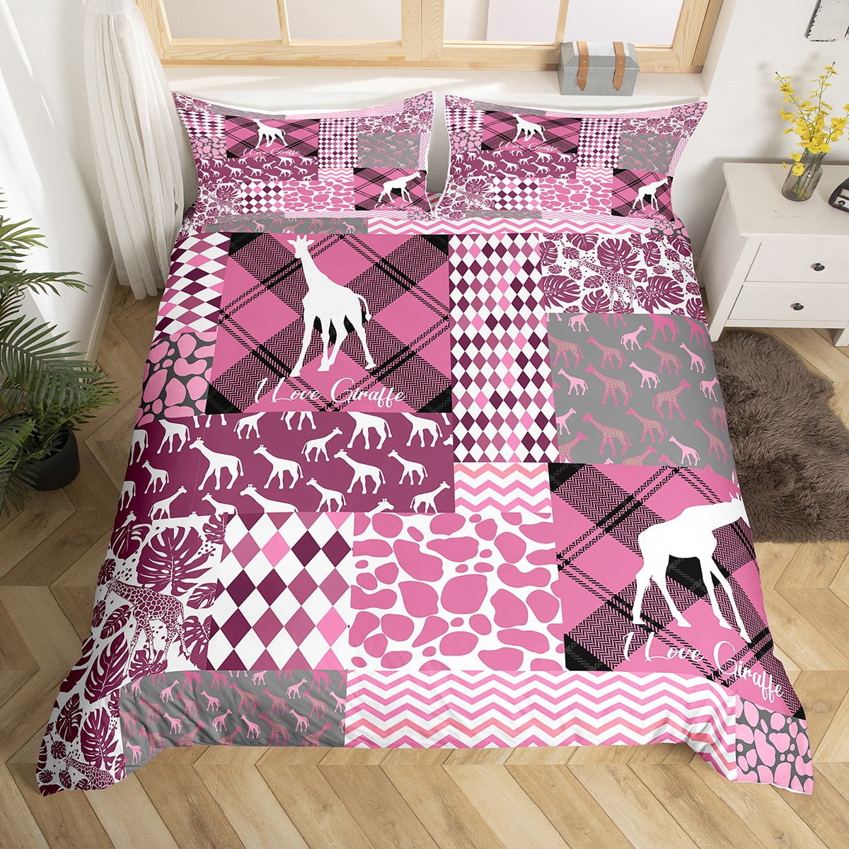 Giraffe Print Duvet Cover King Woodland Animal Bedding Set, Pink ...