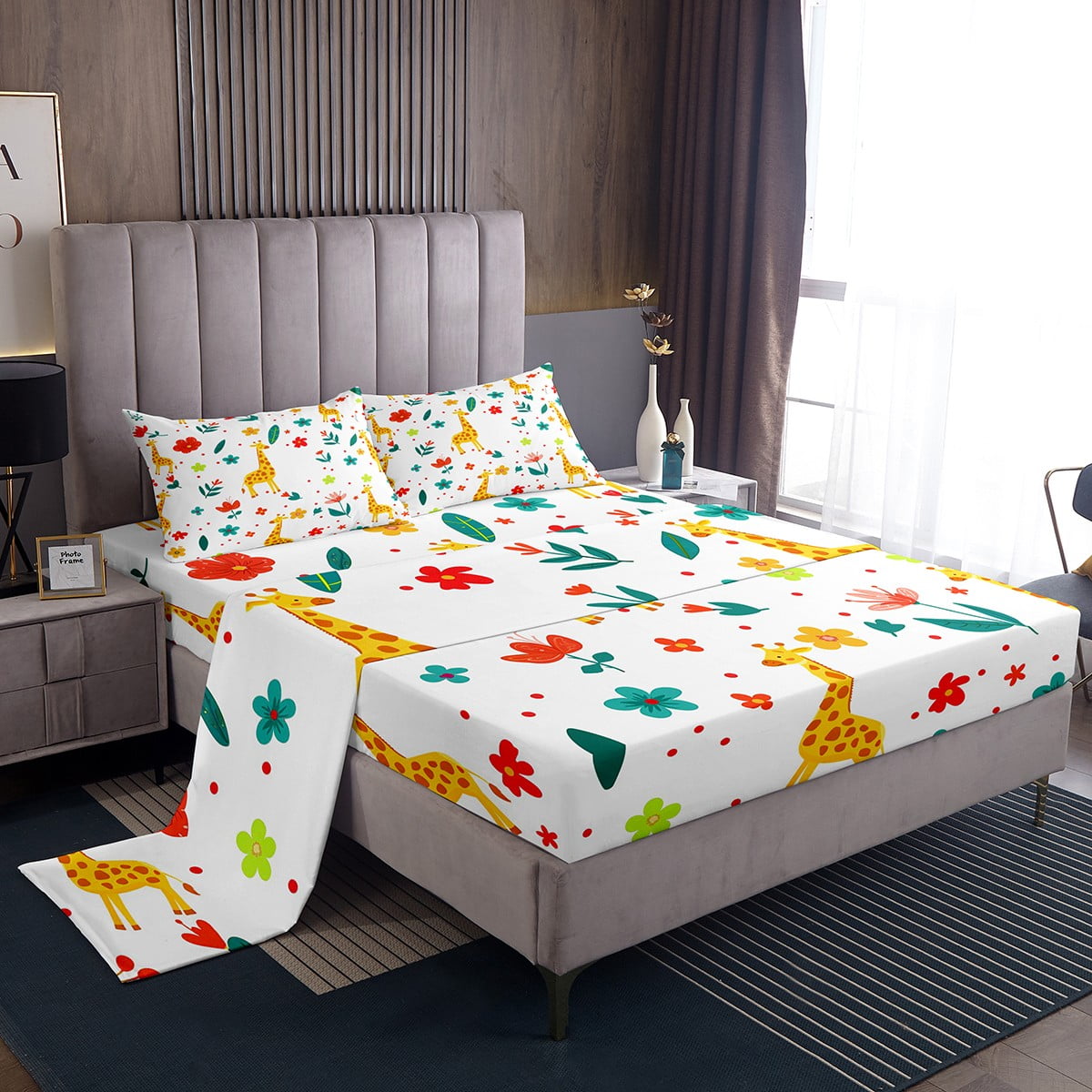 Erosebridal Giraffe Sheets King Bed Sheets Set Cute Flower Animal Sheet ...