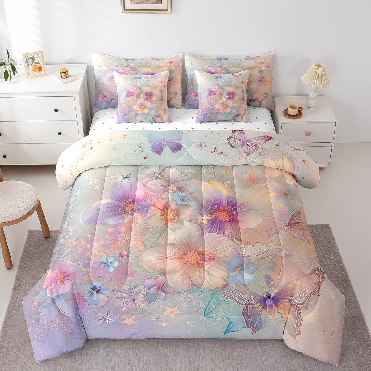 YST Girls Bed in a Bag 7-Piece Chic Butterfly Bedding Set, Purple Pink ...