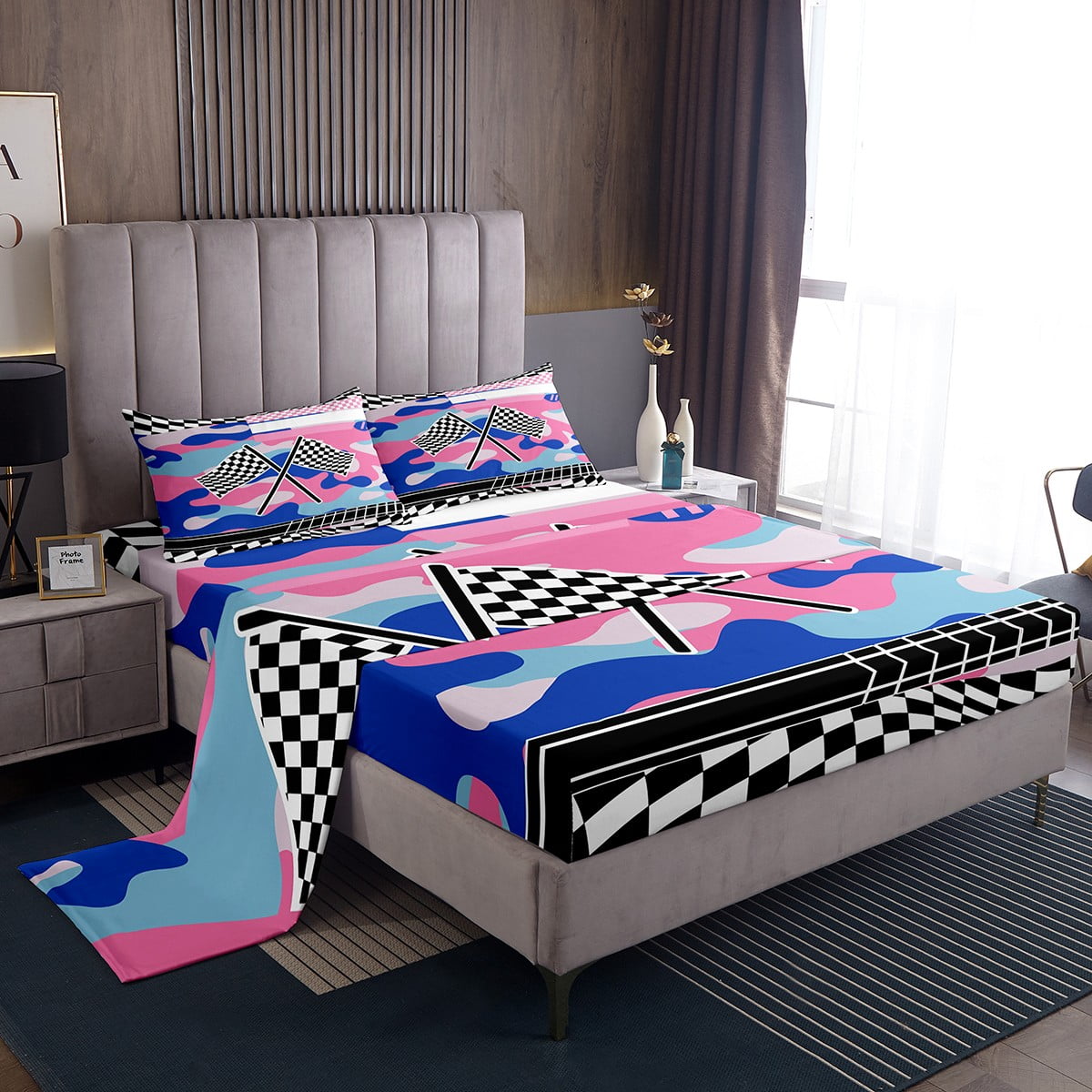 Bed Sheets Set King Racing Sheet Set, Racing Plaid Sheet Set With Cool ...