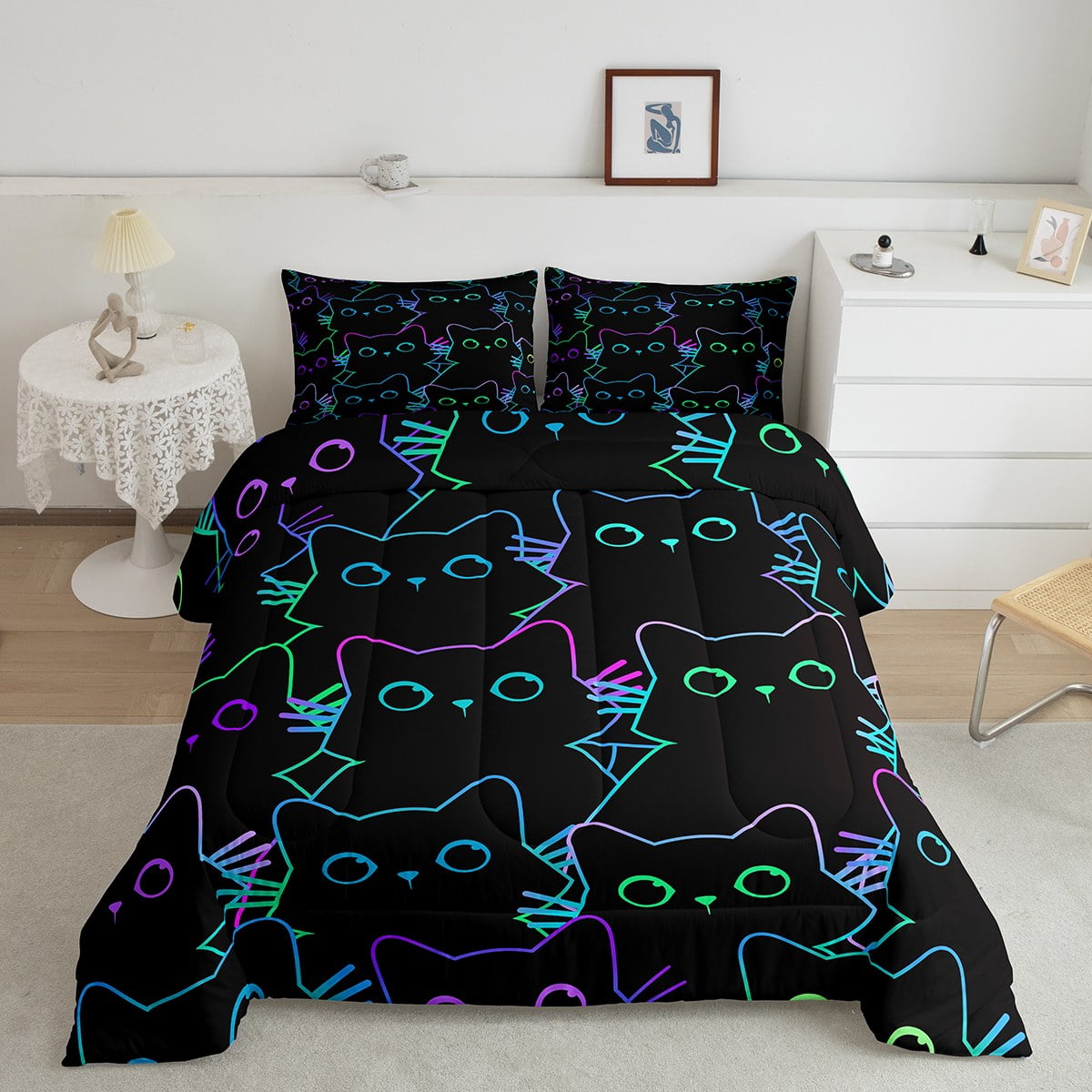 Bedding Cartoon Cat Comforter Set Gradient Line Cat Themed Bedding ...