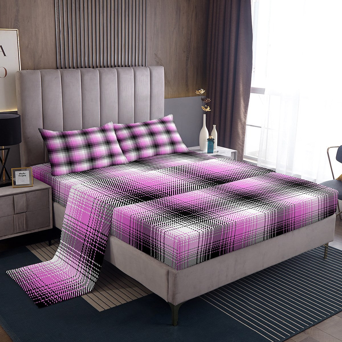 Black White Pink Bedding Set King Abstract Geometric Plaid Sheet Set ...