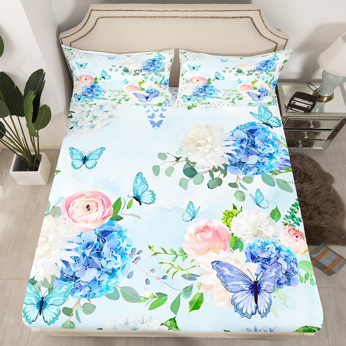 YST Girls Blue Butterfly Twin Fitted Sheet Navy Hydrangea Floral ...