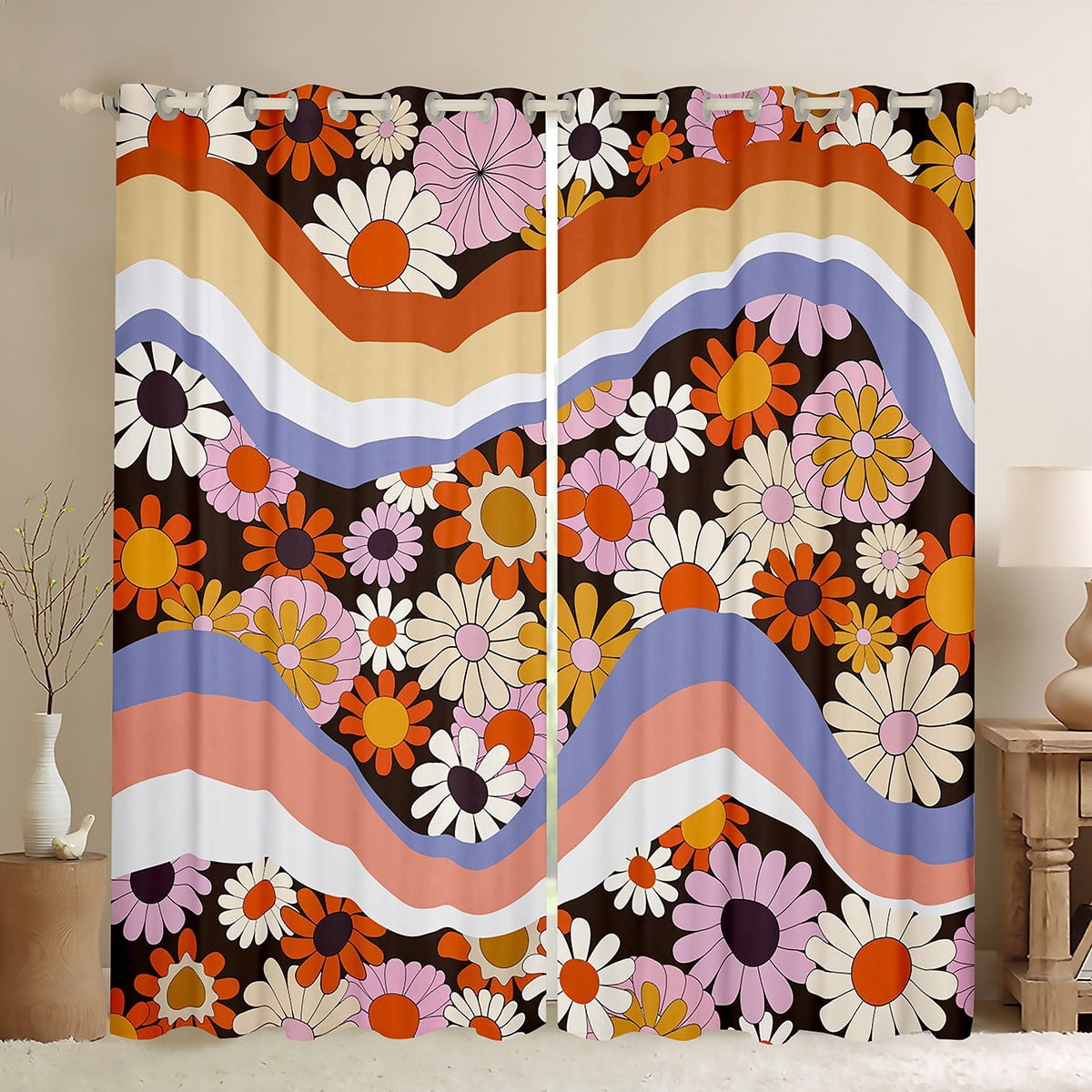 Boho Floral Curtains & Drapes, Vintage Groovy Flowers Curtains 38"Wx54 ...