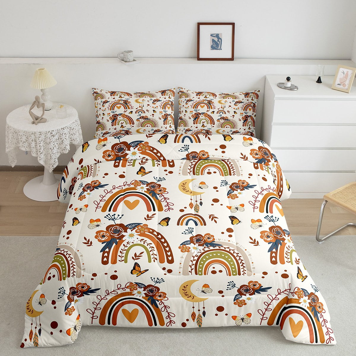 Boho Rainbow Comforter Set Floral Moon Butterfly Bedding Sets Queen ...