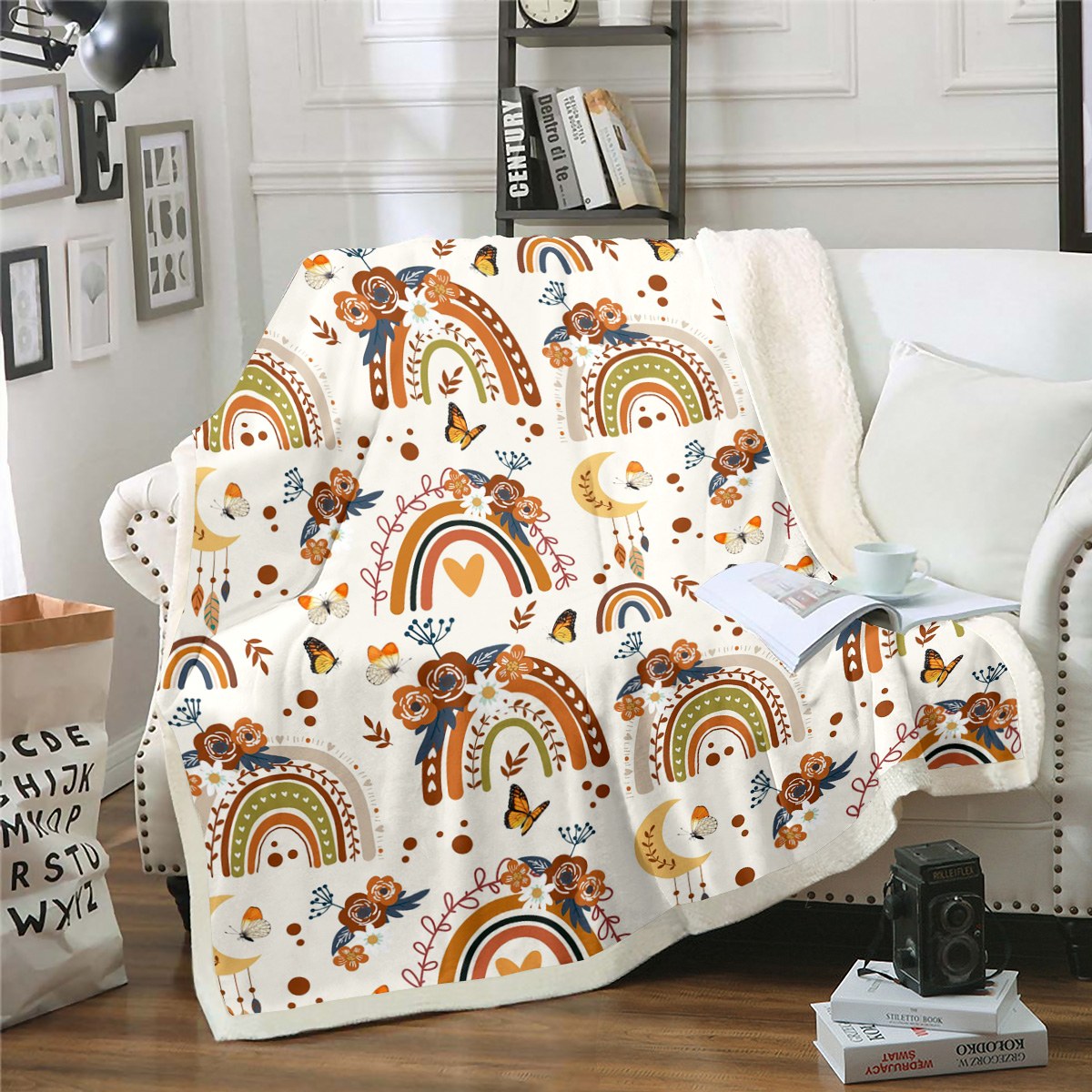 YST Girls Boho Rainbow Sherpa Blanket Floral Moon Butterfly Throw ...