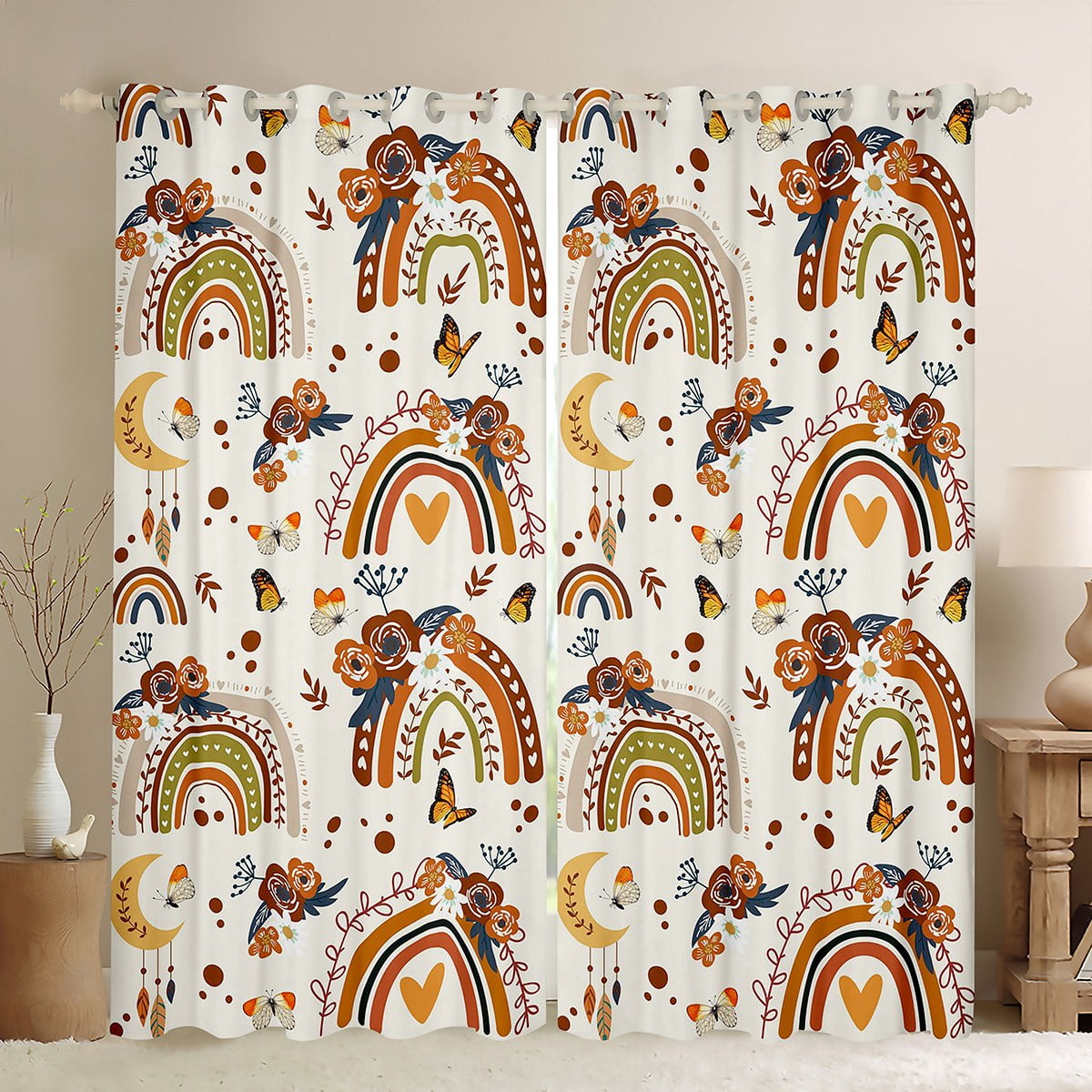 YST Girls Boho Rainbow Window Curtains Floral Moon Butterfly Curtains ...