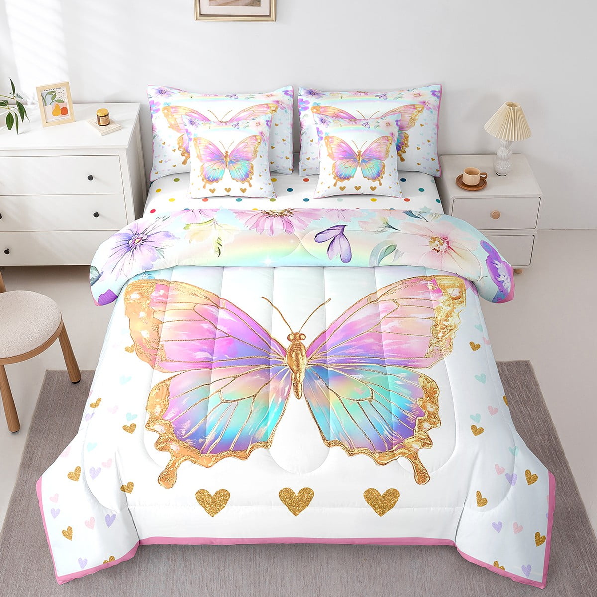 Butterfly Comforter Set Full Size 7 Piece, Love Heart Bed In A Bag ...