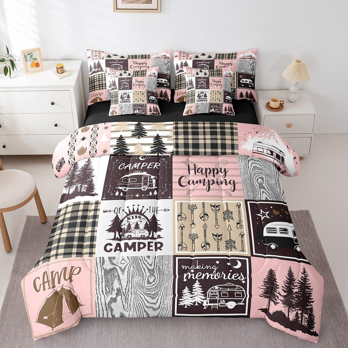 YST Girls Camping King Bed In A Bag 7 Piece,Pink Camper Kids Comforter ...