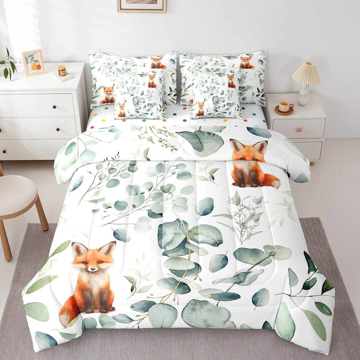 Cartoon Animal Bed in a Bag 7-Piece Kawaii Fox Bedding Set, Woodland ...