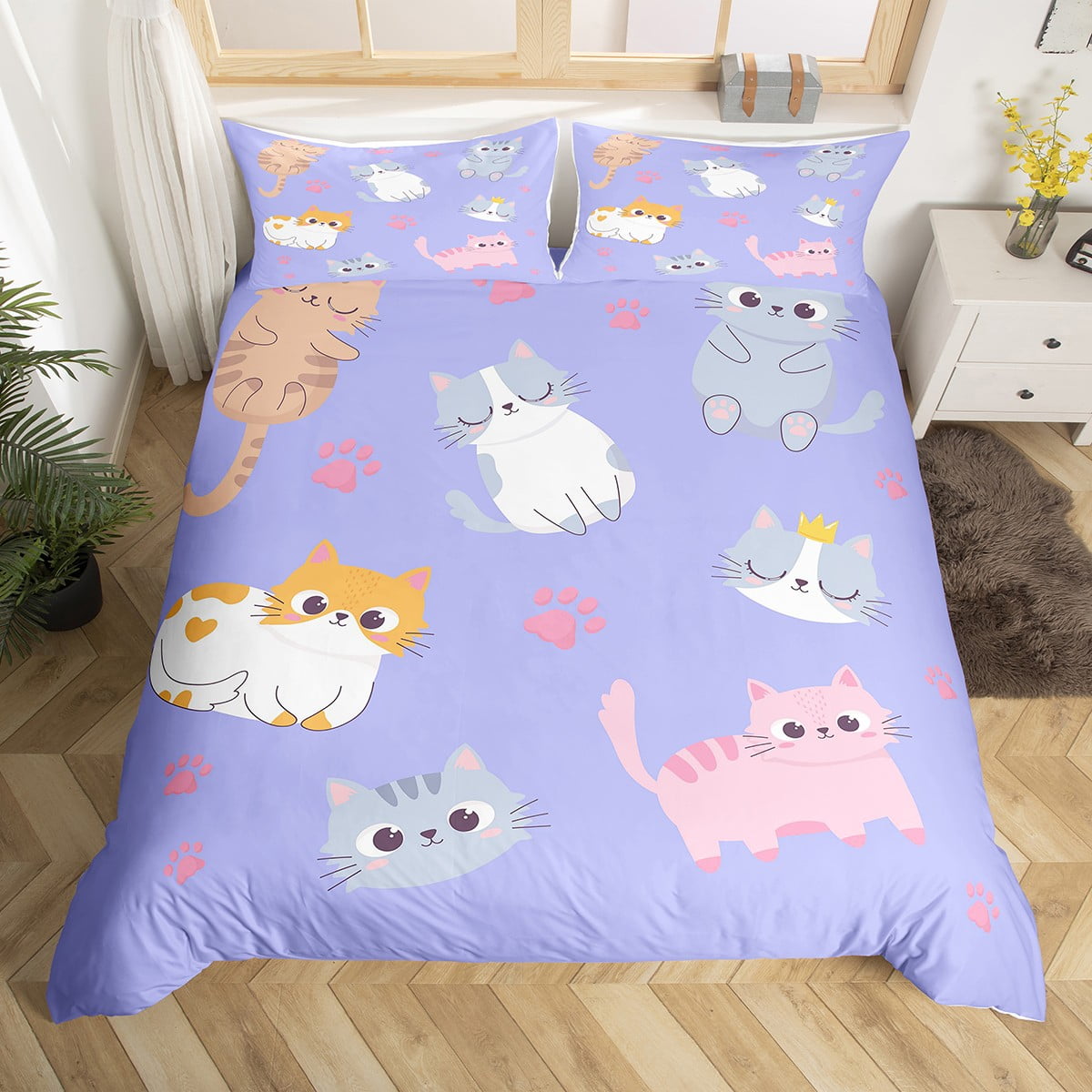 Cat Bedding Set King Size,Cute Cats Comforter Cover Kawaii Room Decor ...